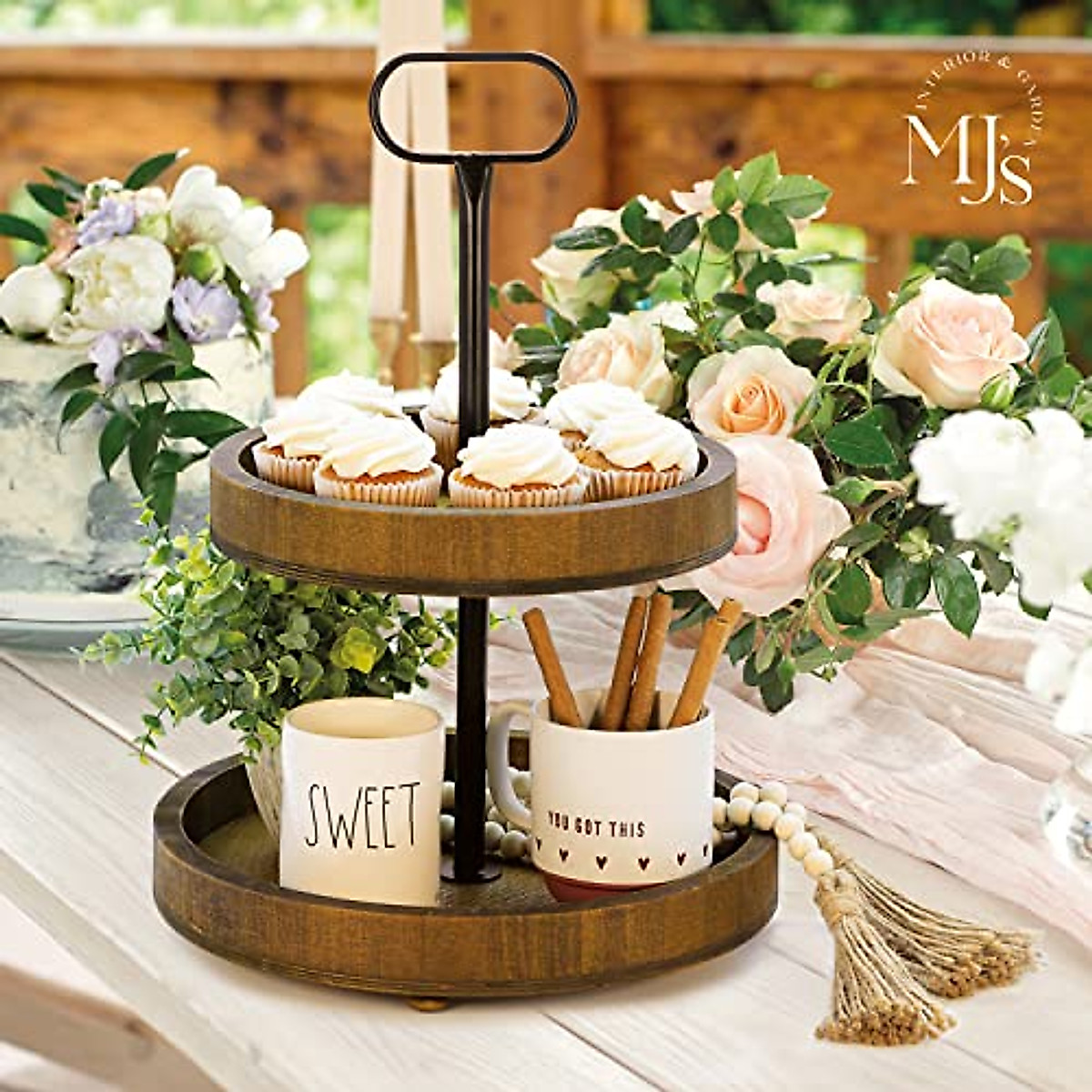 Tiered Tray Stand - 2 Tier Tray for Fruit, Cupcakes & More - Farmhouse Tiered Tray Decor Holder - 2 Tiered Tray Stand Farmhouse Tray - Wooden Trays for Decor - Two Tiered Serving Tray - Two Tier Tray