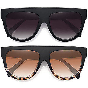 MEETSUN Fashion Sunglasses for Women Trendy Goggles Vintage Shades (2 Pack Black -Tortoise + Black)