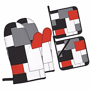 Aao-S745 White Grey Black and Red Irregular Geometric Oven Mitts and Pot Holders Sets of 4 Kitchen Heat Resistant Oven Gloves Non-Slip BBQ Potholders Hot Pads for Cooking Baking Grilling One Size