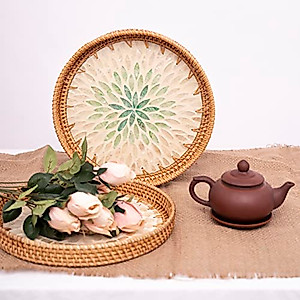 BemiaoCrafts Rattan Tray with Mother of Pearl Inlay Wooden Base, Lacquer Serving Basket for Breakfast, Food, Round Tray as Coffee Table Decor, Mother of Pearl Decoration, Storage, Display