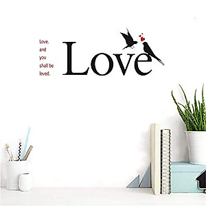 BIBITIME Love and You Shall be Loved Quotes Stickers Couple Birds Kissing Red Hearts Wall Decal Vinyl Sticker for Living Room Couple Bedroom Girlfriend Room Decor