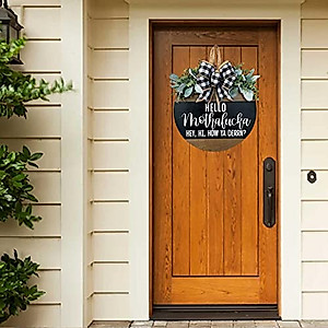 Funny Welcome Sign for Front Door,Hello Mothafucka, Hey, Hi, How Ya Derrn Hanging Door Signs,Rustic Round Wooden Sign Mothers Day Gift Decor for Farmhouse Porch Wall Home (A)
