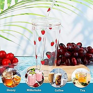 XIDAJIE 17Oz Large Glass Water Bottle With Straw Lid Clear Water Bottle With Straw Strawberry Cup Strawberry Water Bottle Kawaii Cups For Coffee Juice Drinking Water Mug