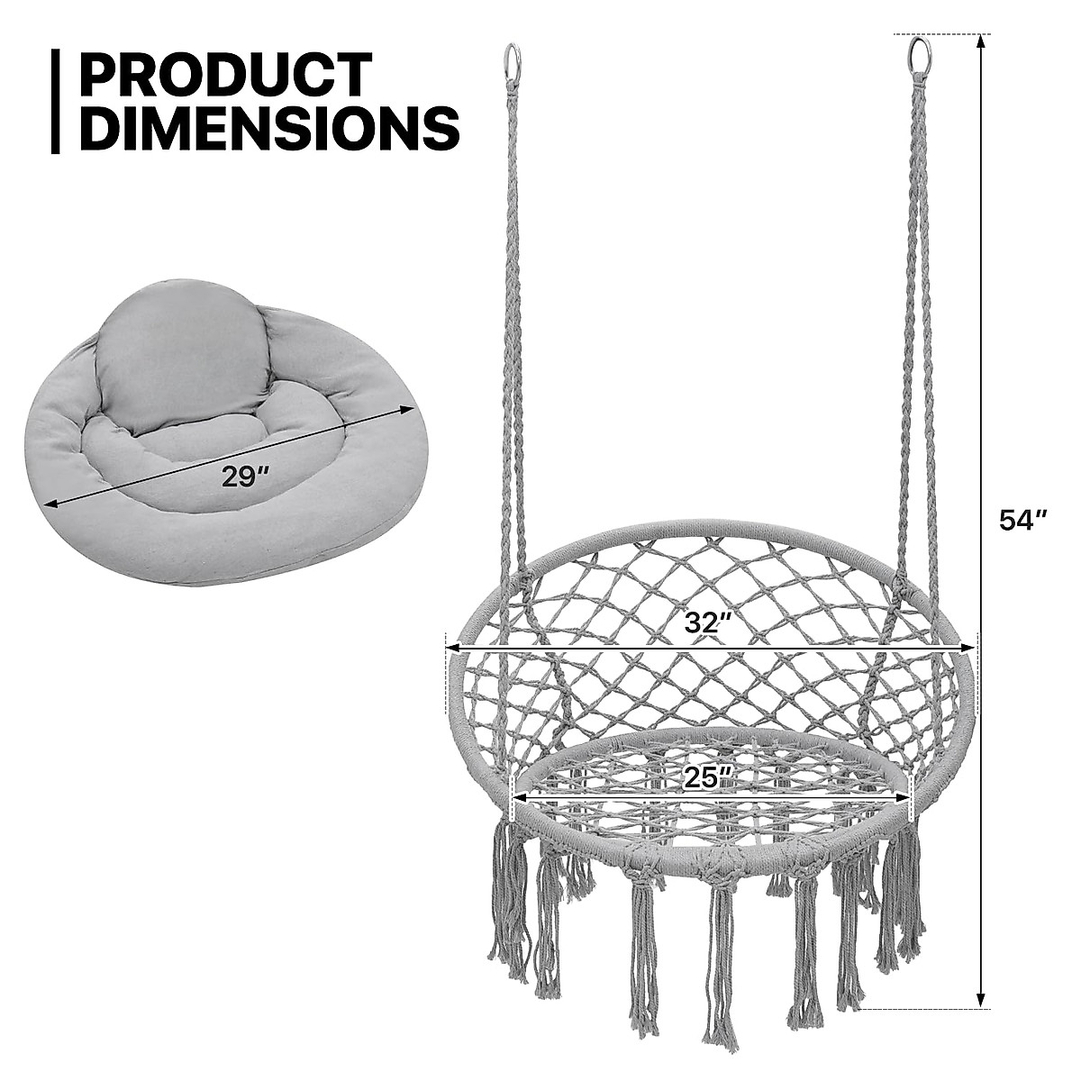 Monibloom Hanging Hammock Chair with Full Cushion, Adults Indoor Hammock Swing with Max 350 Lbs Capacity, Outdoor Macrame Hanging Chair with Boho Tassels, Home Accent Furniture Chair Swing, Grey