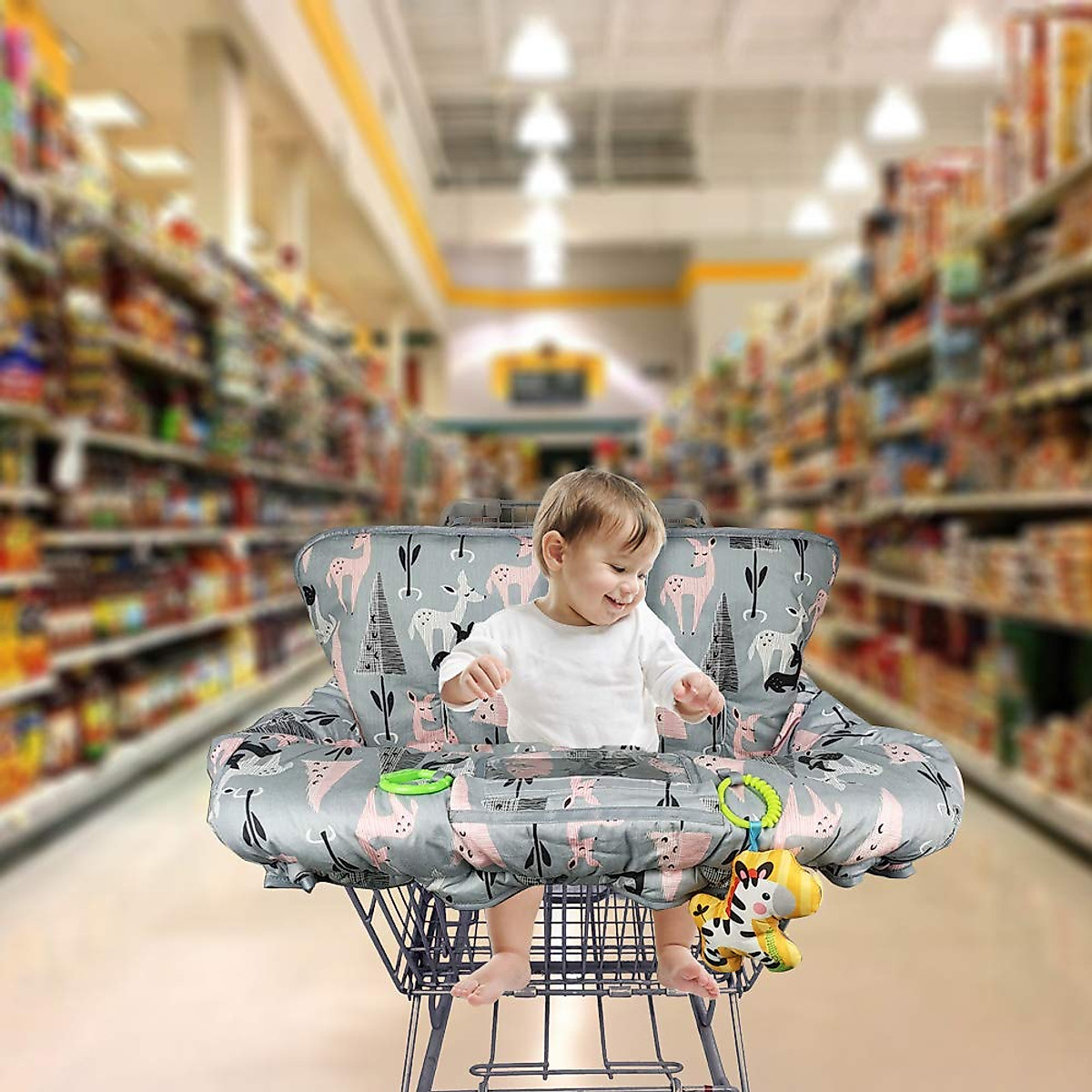 ICOPUCA Shopping Cart Cover, 2-in-1 cart Cover for Babies N high Chair Cover, Padded Grocery cart Cover for Baby boy Girl,with Split/Padded/Reversible seat Cushion, Deer