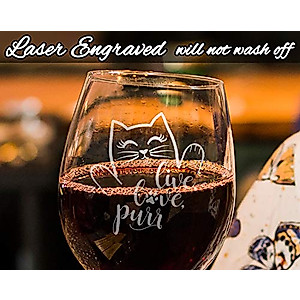 Cat Lovers Engraved Live Love Purr Stemless Wine Glass Kitchen Decor Cat Lady Accessories Birthday Mothers Day Fathers Gifts for Women Men