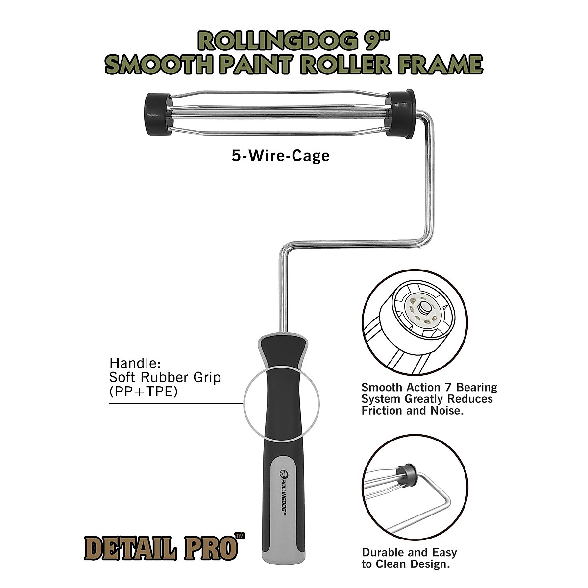 ROLLINGDOG Paint Roller Frame-Heavy Duty Paint Roller Frame,Paint Roller Handle, Smooth Roller Frame(9 inches x 1.5 inches)