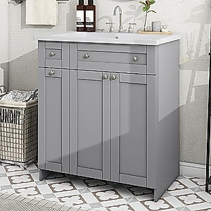 P PURLOVE 30" Bathroom Vanity with Single Sink and Soft Close Doors, Modern Bathroom Cabinet with Adjustable Storage Shelf and Drawers, Solid Wood Frame, Grey