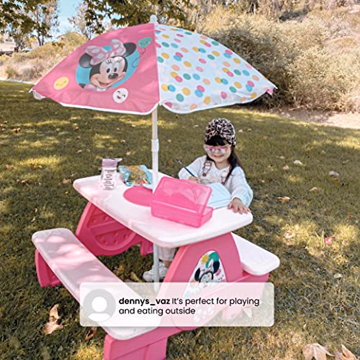 Delta Children 4 Seat Activity Picnic Table with Umbrella and Lego Compatible Tabletop, Minnie Mouse, 32.5 in x 34.25 in x 53.5 in