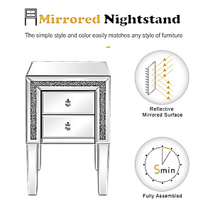 VINGLI Mirrored Nightstand, Mirrored Bedside Table with Drawer, Mirror Silver Night Stand, Mirrored Glass End Table Crushed Diamond Glitter Night Stand for Small Spaces/Bedroom/Living Room, Silver