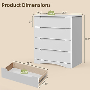 Bealife 4 Drawer Dresser, White Dresser for Bedroom for Storage, Modern Chest of Drawers with Recessed Handle and Anti-Tipping Device for Office, Living Room, Hallway