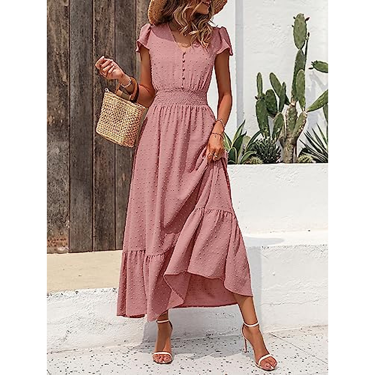 PRETTYGARDEN Womens Summer Flowy Boho Maxi Dress Short Sleeve Swiss Dot Long Dress V Neck Smocked Waist Beach Party Sundress (Pink, Large)