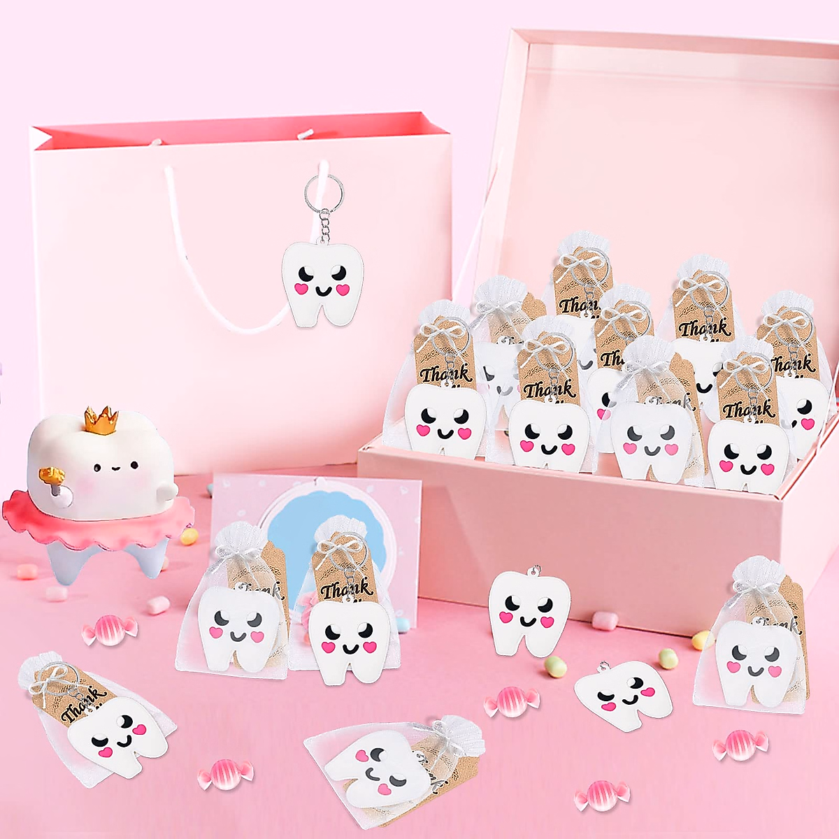CiciBear 24 Pack Tooth Keyring Party Decorations for First Tooth?Teeth Party,First Birthday,Clinic Graduation