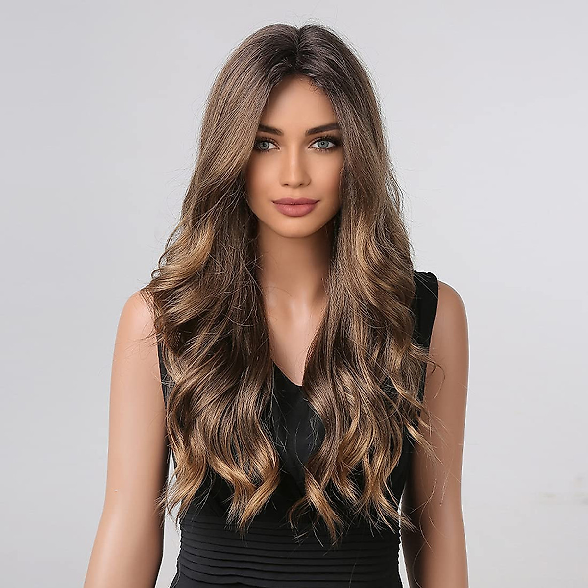 BERON Brown Wig Long Wavy Wig Brown Wigs for Women Long Curly Wig Brown with Dark Roots Synthetic Hair Wave Wigs with Dark Roots Wig Cap Include