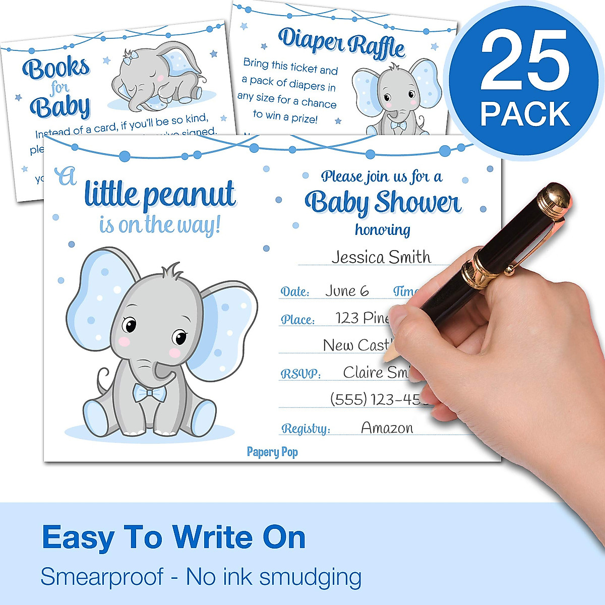 Set of 25 Baby Shower Invitations for Boy with Envelopes, Diaper Raffle Tickets and Baby Shower Book Request Cards - Elephant