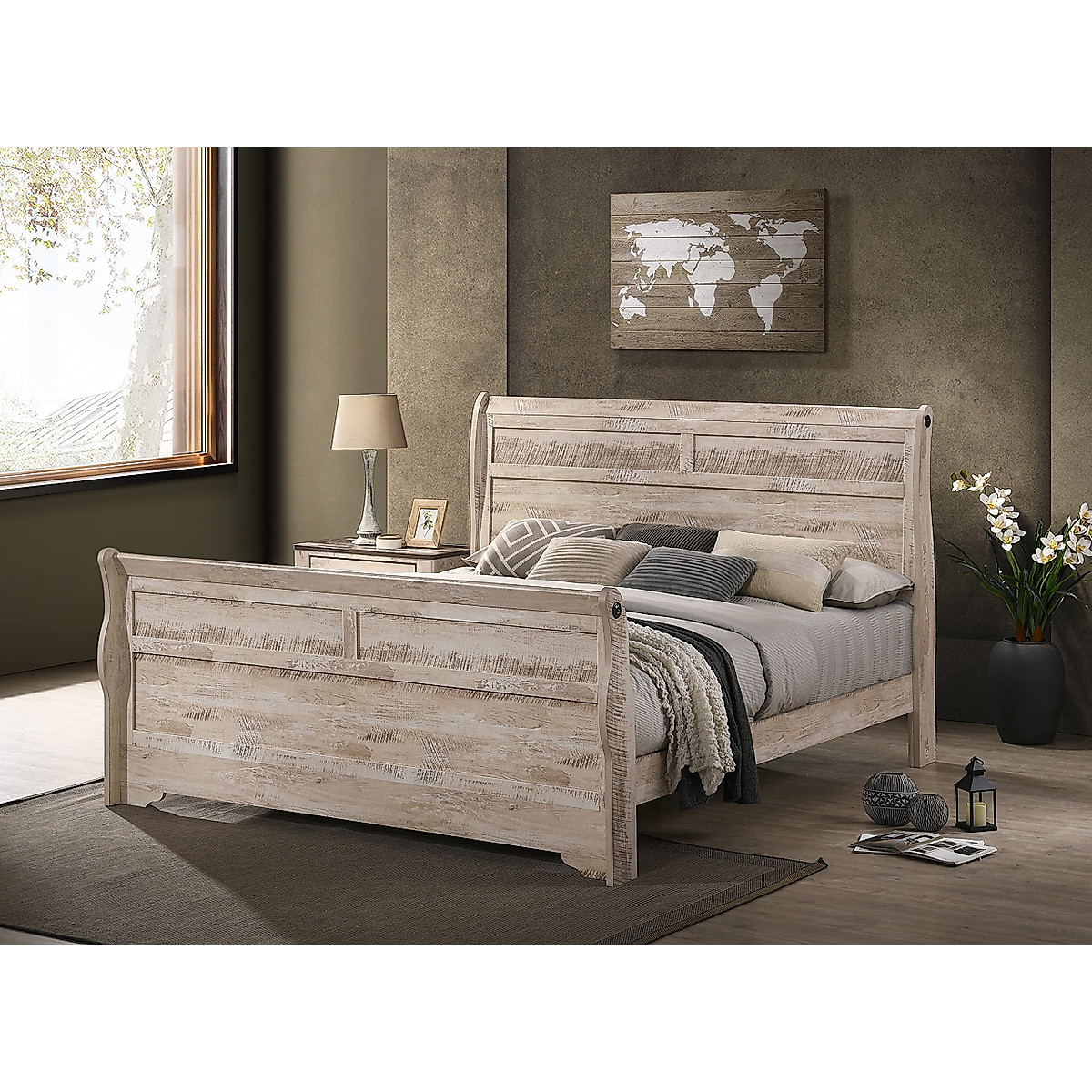 Roundhill Furniture Imerland Bed White-wash Finished 6-Piece Sleigh Headboard Bedroom Set, King