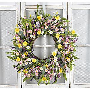 24Inch Artificial Daisy Flower Wreath -Spring Floral Wreath Fake Flower Wreath Spring/Summer Wreath for Front Door Home Decor