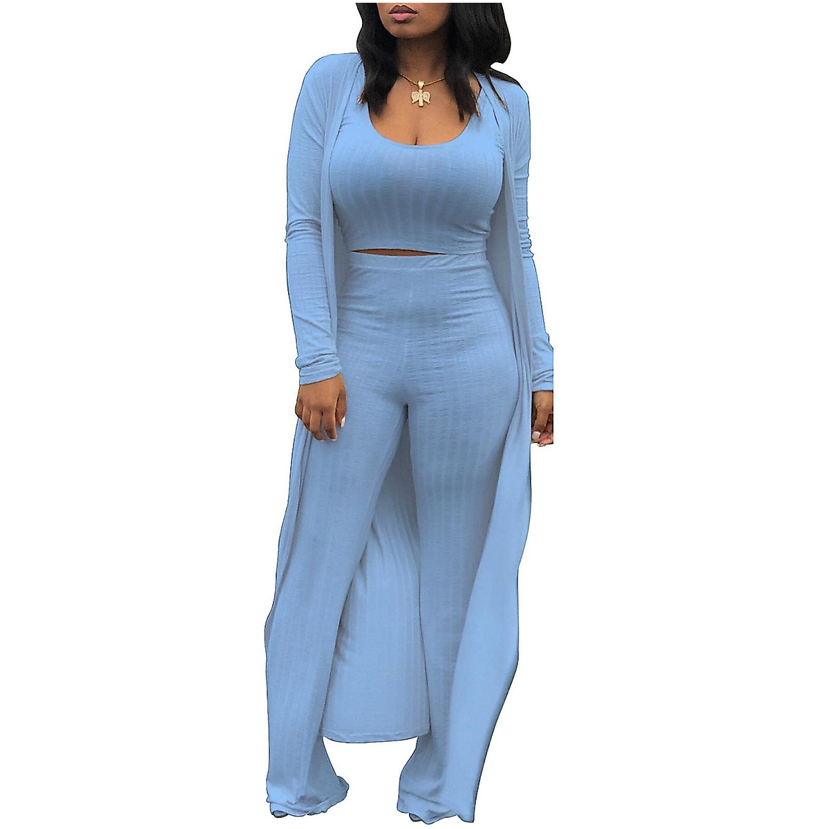 HANMAX Women's Tracksuit Winter Autumn Knitted Long-sleeved Blazer Coat Tank Long Pants Three Piece Sets Outfit