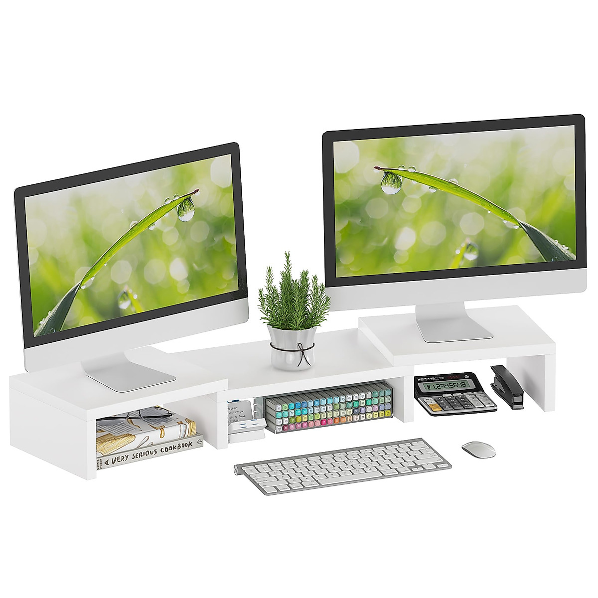 SUPERJARE Dual Monitor Stand Riser, Adjustable Length and Angle Multi Screen Stand, Desktop Stand Storage Organizer for Laptop Computer/TV/PC/Printer- White