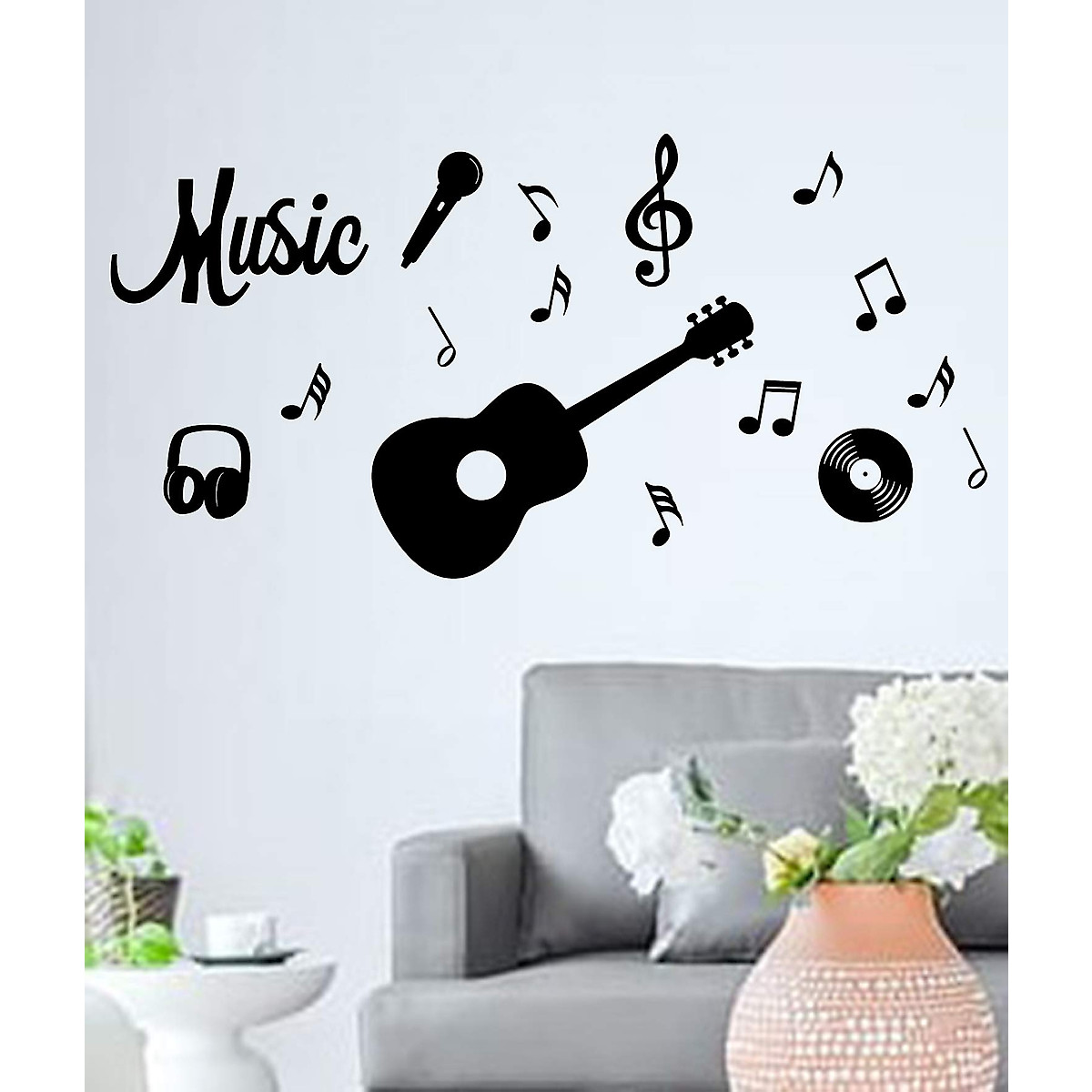 Guitar Music Wall Decal Sticker Musical Notes Music Notes Wall Decor Music Art Home Decor Vinyl Wall Mural Home Music Art Decoration Wall Stickers (1*Black+1*Grey)