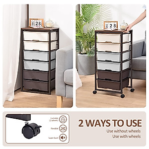 TOOLF Rolling Storage Cart with 6 Drawers, Wooden Tabletop, Easy Movement, Large Capacity, Durable Construction & Colorful Style in Black Bar