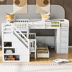 Merax L-Shaped Triple Bunk Bed with Desk & Stairs, Twin & Twin Over Full Bunk Bed for 3, Storage Drawers and Wardrobe Included, for Adults, Boys & Girls, White