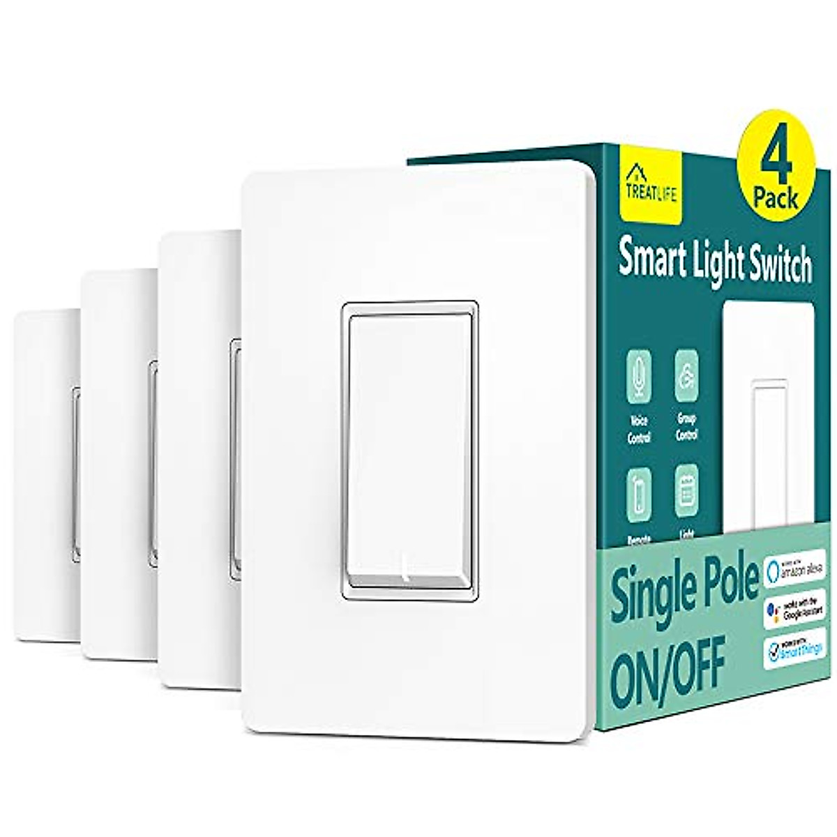 TREATLIFE Smart Light Switch Single Pole Smart Switch Works with Alexa, Google Home and SmartThings, 2.4GHz Wi-Fi Timer Light Switch, Neutral Wire Required, No Hub Required, ETL Listed, FCC, 4 Pack