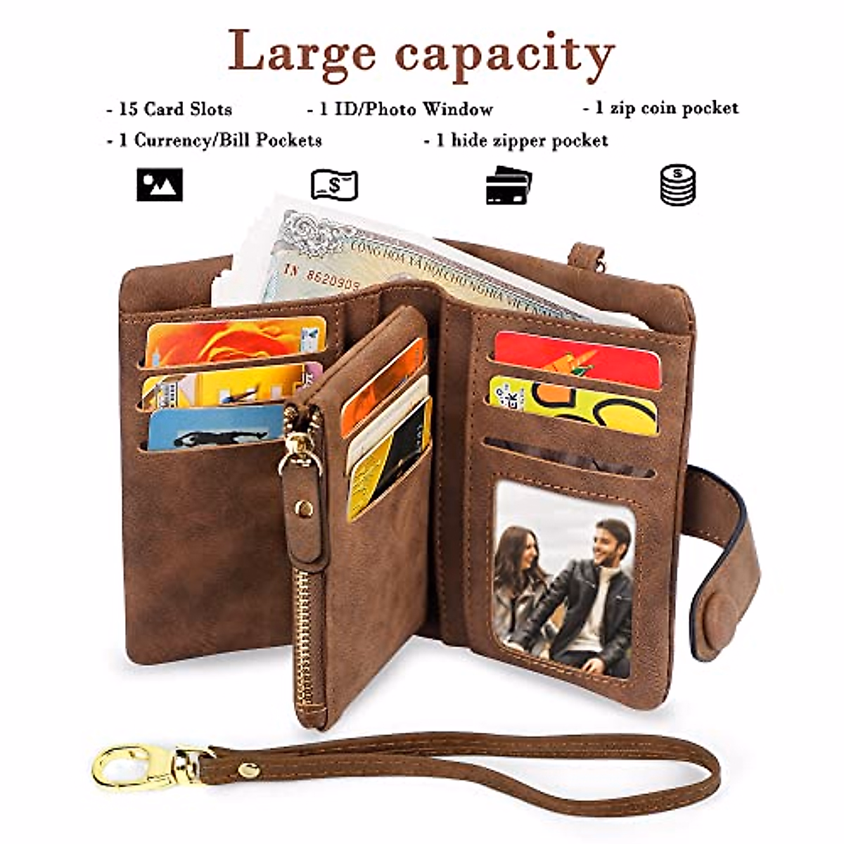 CONISY Small Womens Wallet with RFID Blocking, Leather Bifold Multi Card Organizer Wristlet Wallets for Women (Brown)