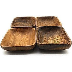 Acacia Handmade Wood Carved Plates - Set of 4 Calabash Bowls Size 4" (Square)