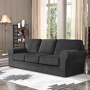 HDCAXKJ Couch Cover 7 Piece Velvet Stretch Dog Sofa Covers for 3 Cushion Couch Soft Magic Fitted Anti Slip T Cushion Sofa Slipcovers 3 Seat Living Room Pet Furniture Protector (Dark Gray, Large)