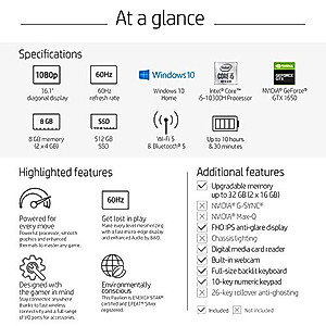 HP Pavilion Gaming 16 Laptop PC, NVIDIA GeForce GTX 1650, Intel Core i5-10300H, 8GB DDR4 RAM, 512GB PCIe NVMe SSD, 16.1" Full HD, Windows 10 Home, Backlit Keyboard (16-a0010nr, Shadow Black)
