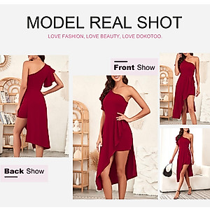 Dokotoo One Shoulder Dresses for Women Elegant Ruffle Empire Waist Asymmetrical Hi-Lo Hem Solid Zipper Up Bodycon Party Wedding Guest Midi Semi Formal Dresses Red X-Large