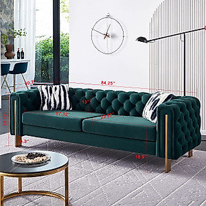 Kakotito Tufted Sofa Couch, 84 Inches Long Upholstered Sofa with 2 Pillows,High Arm and Strong Metal Legs, Couches for Living Room, Office, and Bedroom (Button Tufted, Green)