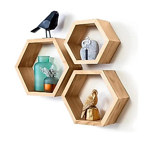 Wall Mounted Hexagon Shelves – Set of 3 Floating Wood Farmhouse Storage Racks, Wall Display Shelf Set, Rustic Home Decor, Hanging Wooden Storage for Living Room, Bedroom, Kitchen, Office, or Entryway