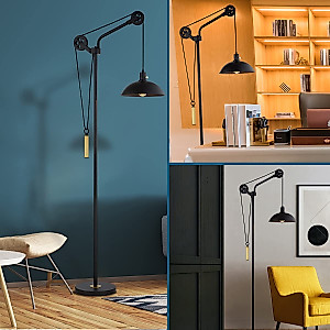 LeeZM Dimmable Industrial Floor Lamp for Living Room,Rustic Farmhouse Floor Lamps with Pulley System, Modern Reading Pole Task Lamp, Vintage Arched Tall Standing Lamp for Bedroom Office, Deep Bronze