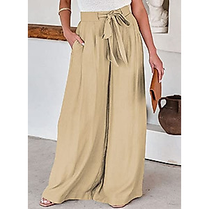 Dokotoo 2023 Casual Linen Women's Wide Leg Pants Stretch Drawstring Tie Back Elastic Waist Yoga Trousers Solid Spring Fall Workout Beach Resort Wear for Women Khaki XL