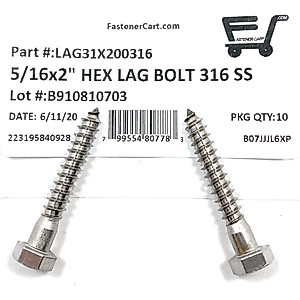 5/16 x 2 316 Stainless Steel Hex Head Lag Bolts Lag Screws Marine Grade (10 Pieces)