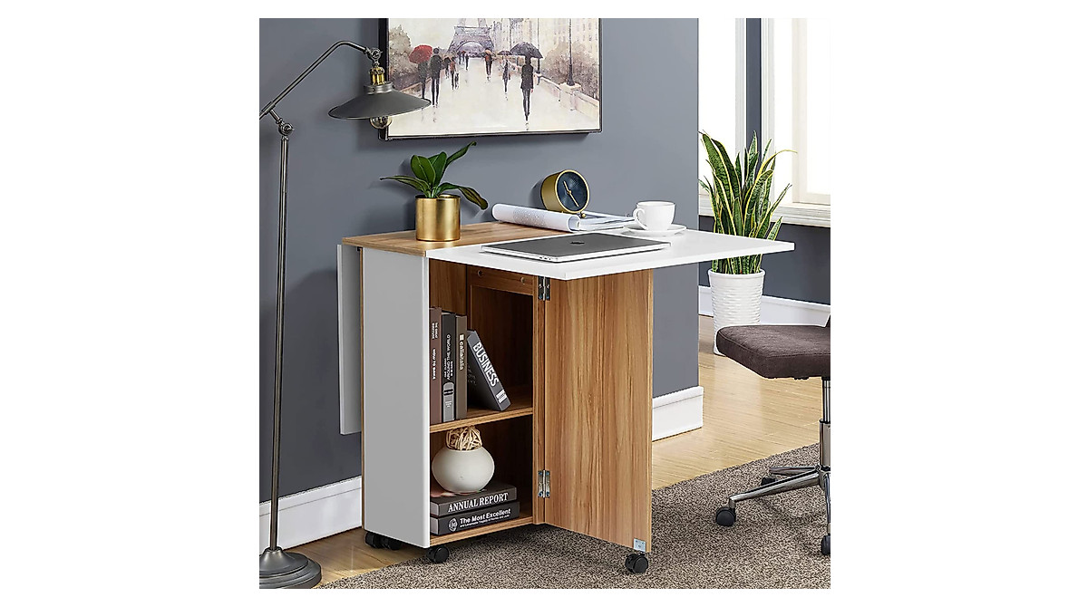 JOMEED Folding Dining Table with Wheels & Storage - Space Saver