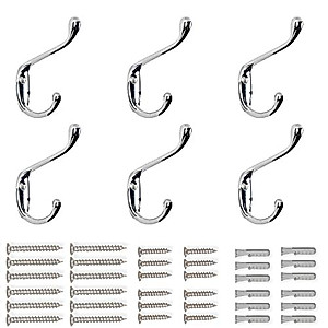 brightmaison 6 Pack Heavy Duty Dual 3.5inch Coat Hooks Wall Mounted with 24 Screws Retro Double Hooks Utility Black Hooks for Coat, Scarf, Bag, Towel, Key, Cap, Cup, Hat (Chrome)