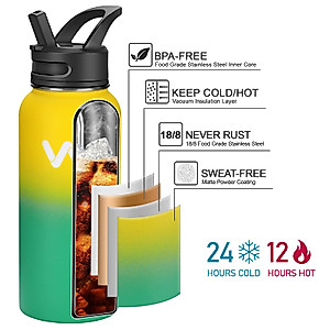 WEREWOLVES 32 oz Insulated Water Bottle With Paracord Handles & Strap & Straw Lid & Spout Lid,Reusable Wide Mouth Vacuum Stainless Steel Water Bottle for Adults (New-Yellow Green, 32 oz)