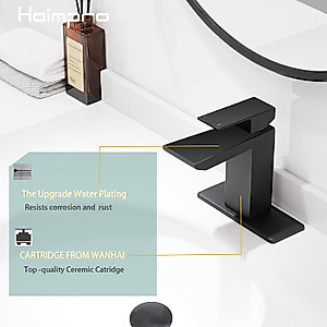 Hoimpro Matte Black Waterfall Single Hole Bathroom Faucet with 6" Deck Plate, Stainless Steel Bathroom Sink Faucet with Pop-up Drain, Rv Vanity Vessel Faucet with Supply Lines, Matte Black