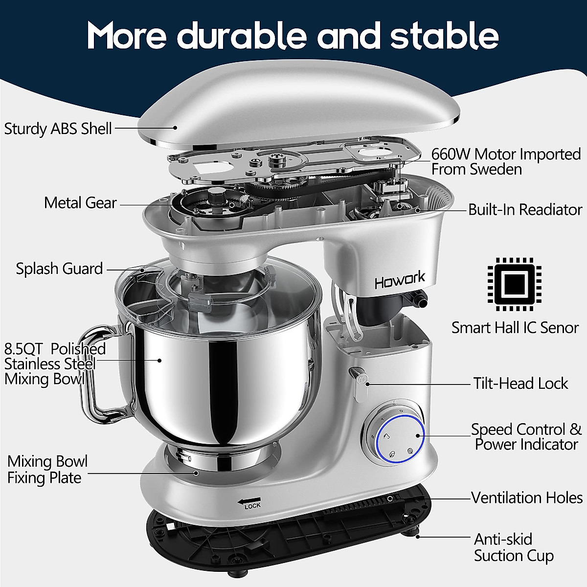 HOWORK 8.5QT Stand Mixer, 660W 6+P Speed Tilt-Head, Electric Kitchen Mixer With Dishwasher-Safe Dough Hook, Beater, Wire Whip & Pouring Shield(8.5 QT, Silver)