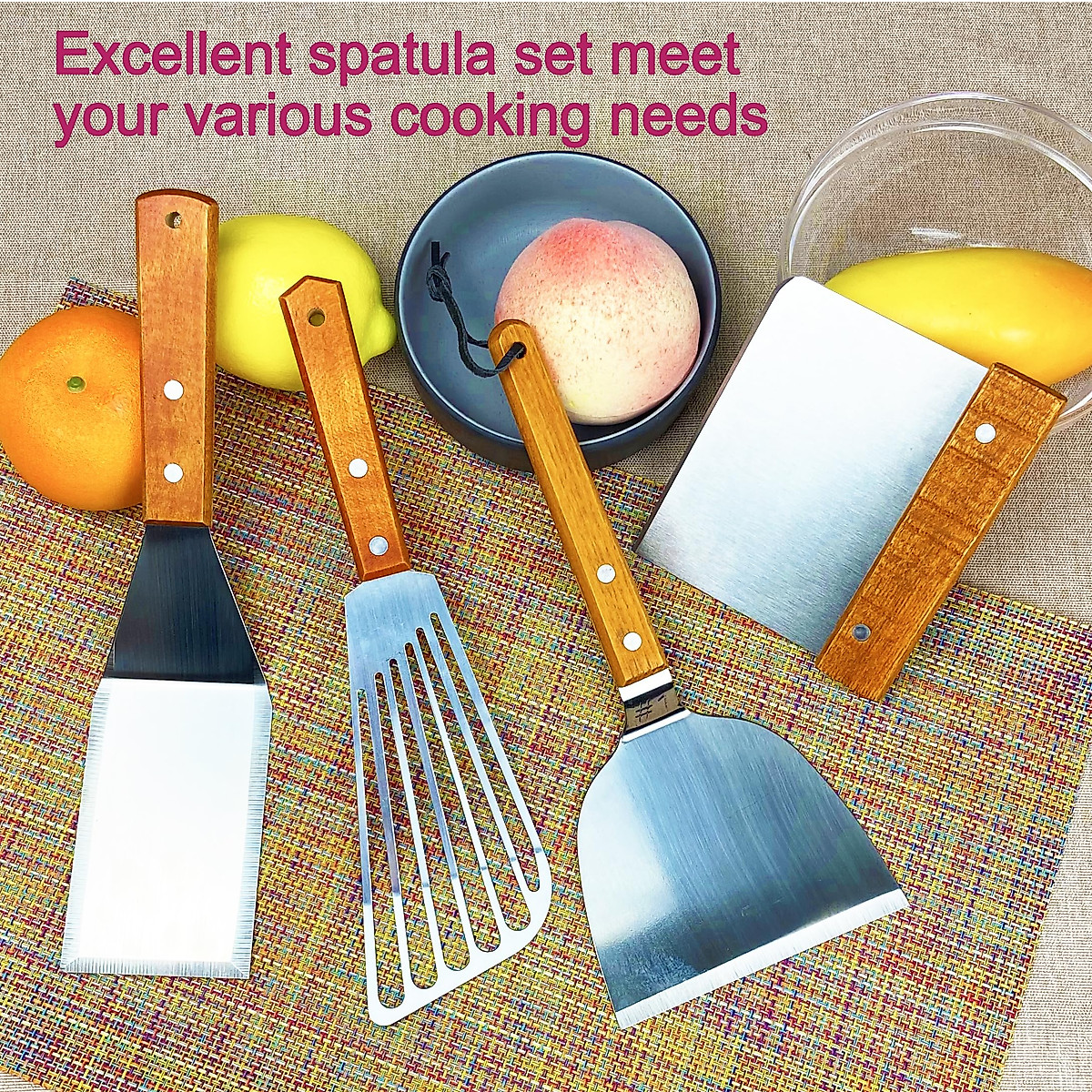 KLAQQED Spatula, Metal Spatulas Set, Stainless Steel Spatula, Fish Spatula Turner Cooking BBQ Grill Griddle Spatula, Metal Spatula for Cast Iron Skillet, Small Wide Kitchen Spatulas ​with Wood Handle