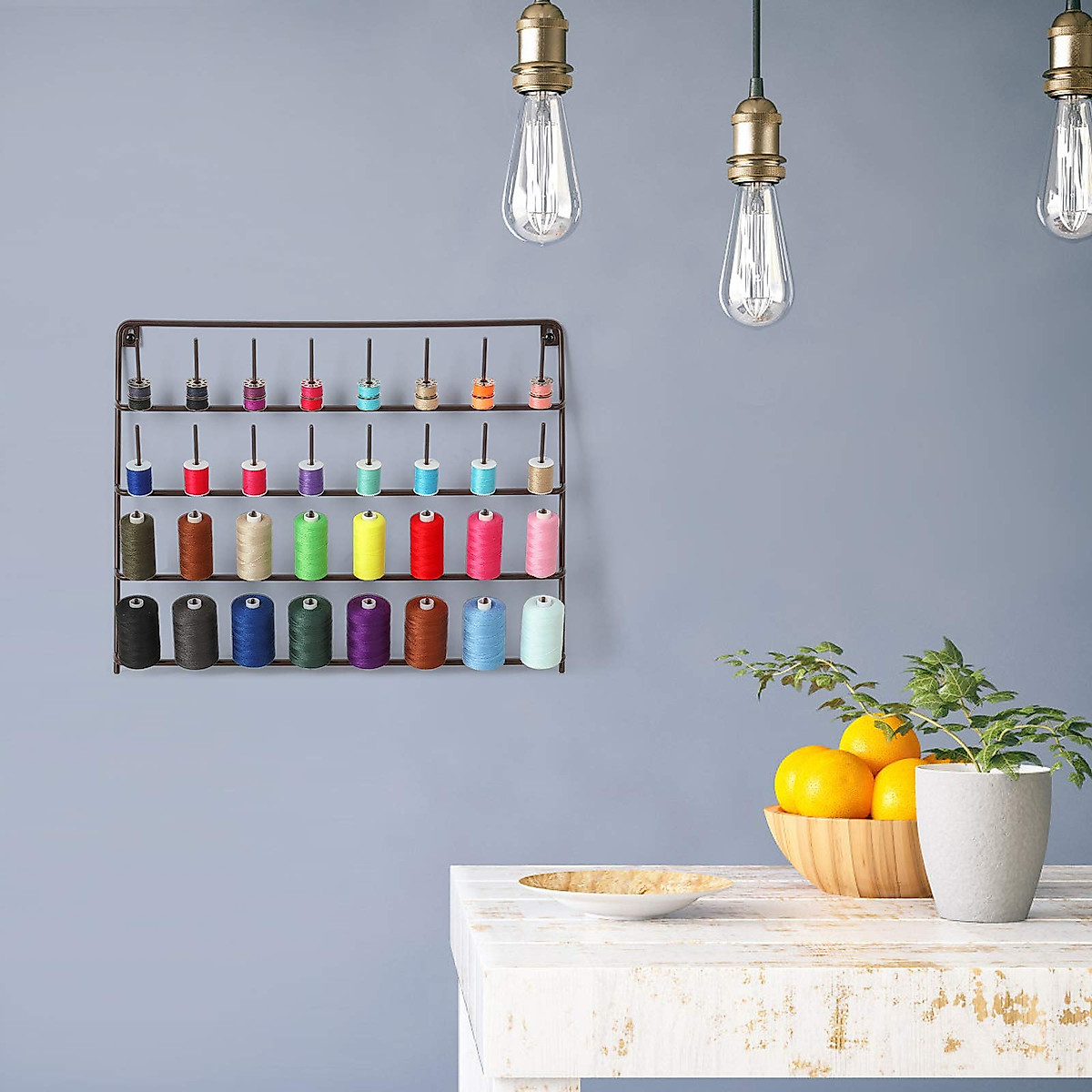 HAITARL 4 Set of Sewing Thread Organizer,Wall-Mounted Metal Thread Rack,32-Spool Thread Holder with Hanging Hooks for Organizing Threads,Brown