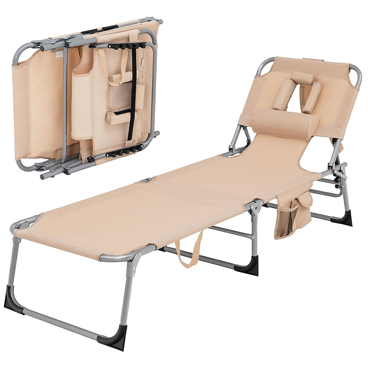 Moccha Folding Tanning Chair, Beach Lounger with Face Hole, 5-Position Adjustable Backrest, Side Pocket, Removable Pillow, Portable Bench Lounge Chairs for Outside Patio Pool Lawn (1, Beige)
