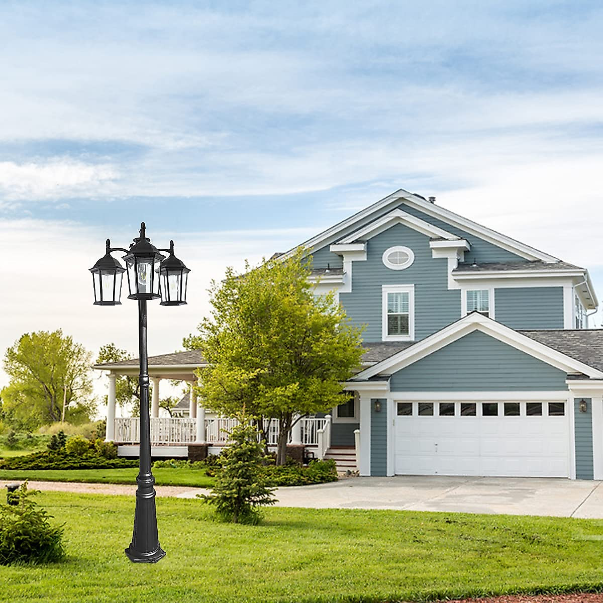 ZJOJO Outdoor Post Light, Triple-Head LED Street Light, 2700K,1100lumens, Vintage Clear Glass Shade Lamp Lights Fixture for Garden Backyard Patio Walkway Lighting-Black C819