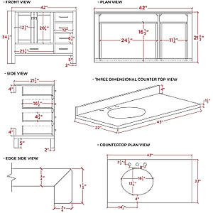 ARIEL 43" Grey Bathroom Vanity with 1.5" Edge Italian Carrara Marble Countertop & Backsplash, Left Oval Sink, 2 Soft Closing Doors, 5 Full Extension Dovetail Drawers, Toe Kick, Matte Black
