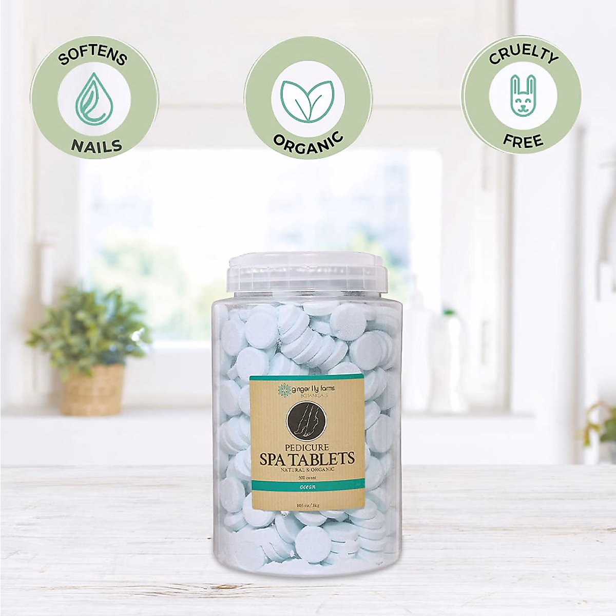 Ginger Lily Farms Botanicals Pedicure Spa Tablets, Natural & Organic, Replenishes Moisture, Softens & Conditions Skin, Ocean Scent, 105 Ounces, 500-Count