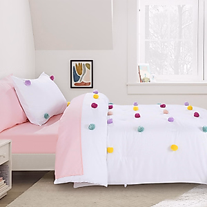 HOMBYS Pom Poms Bedding Comforter Set for Girls, 5 Piece White Pink Boho Kids Comforter Set for All Season，Twin/Twin XL Size