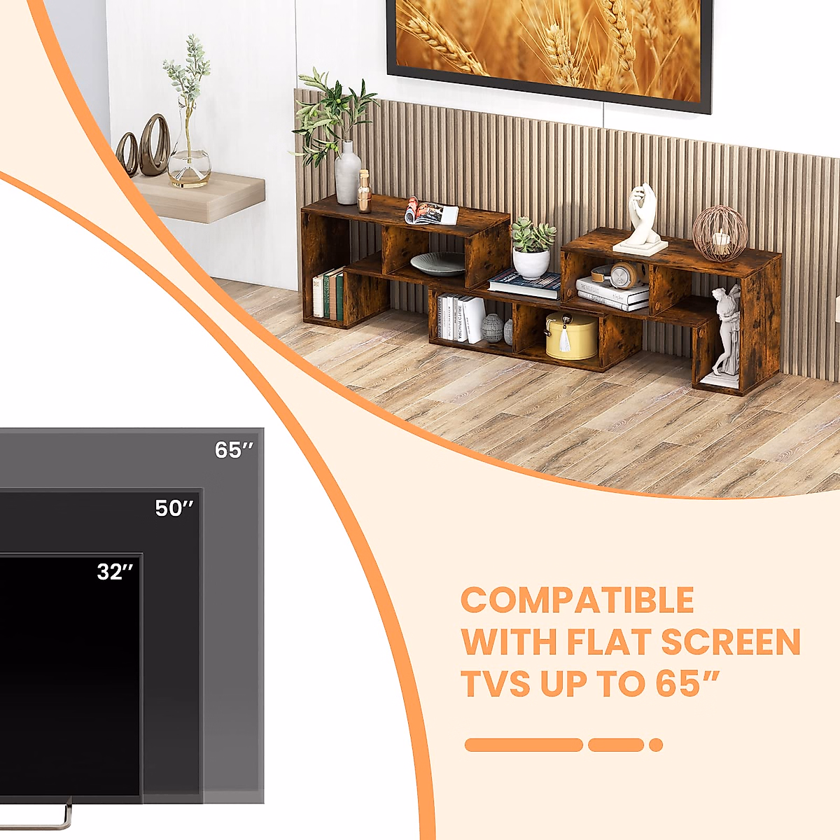 BUSHLY 3 Pieces Console TV Stand, Modern Multimedia Furniture for 50 55 60 65 Inch Flat Screen TV, DIY Open Storage Bookcase Shelf for Storage and Display, Suitable for Living Room Bedroom (Brown)